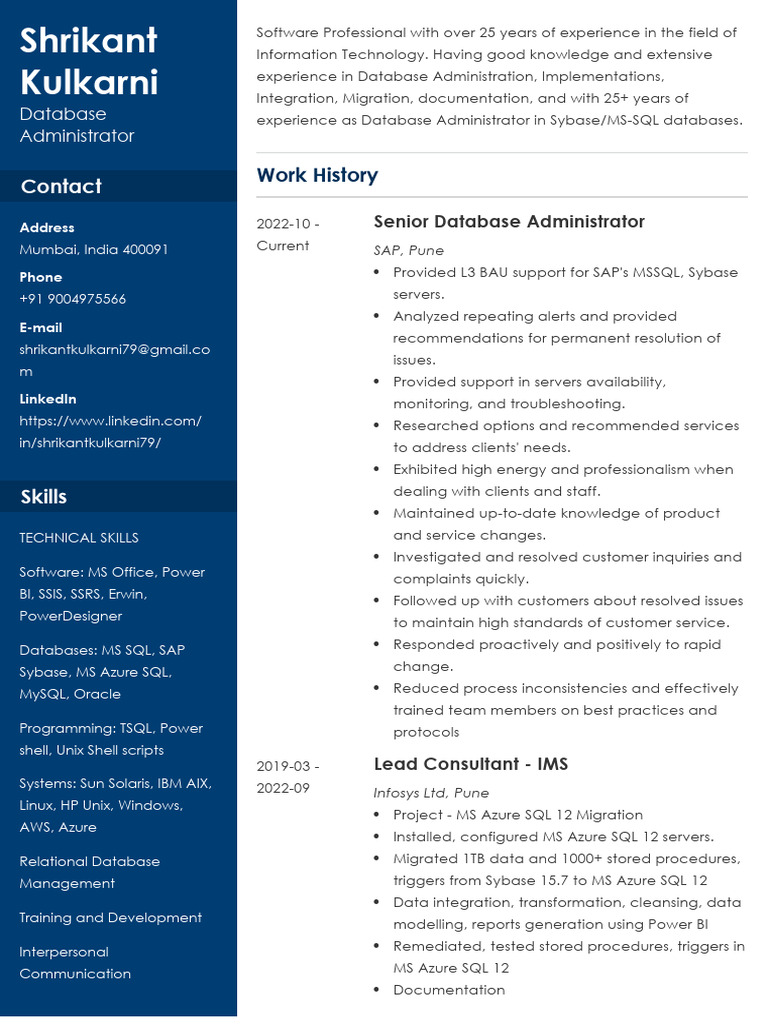 Shrikant_Kulkarni_CV | PDF | Microsoft Sql Server | Databases