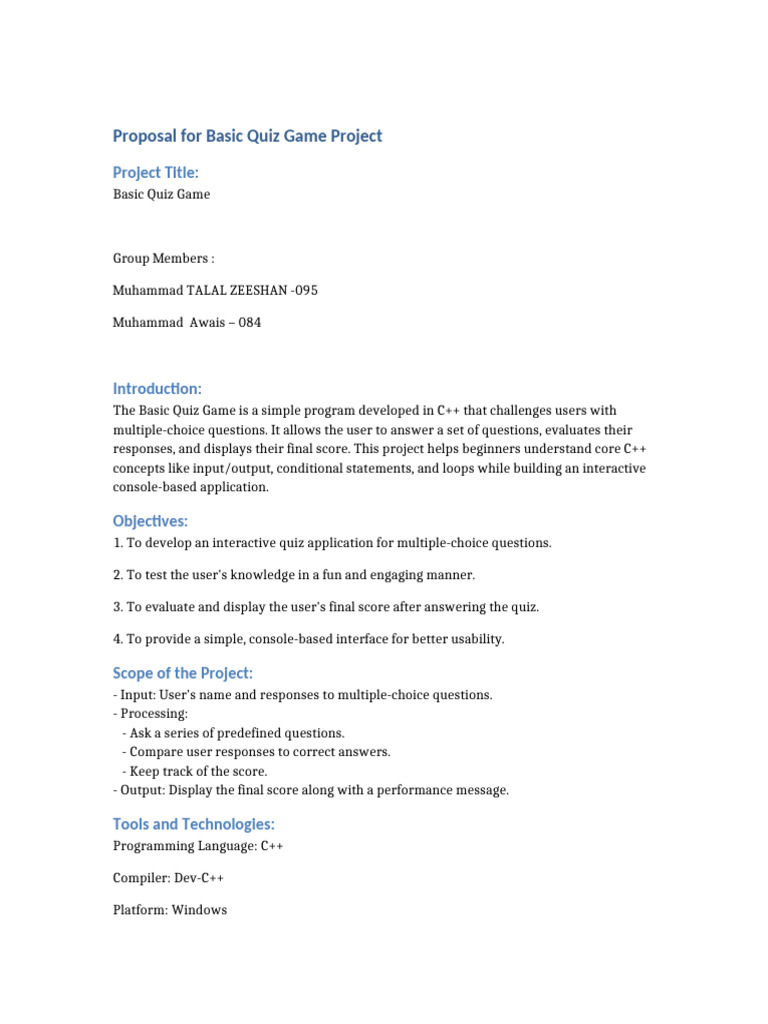 Basic Quiz Game Proposal | PDF