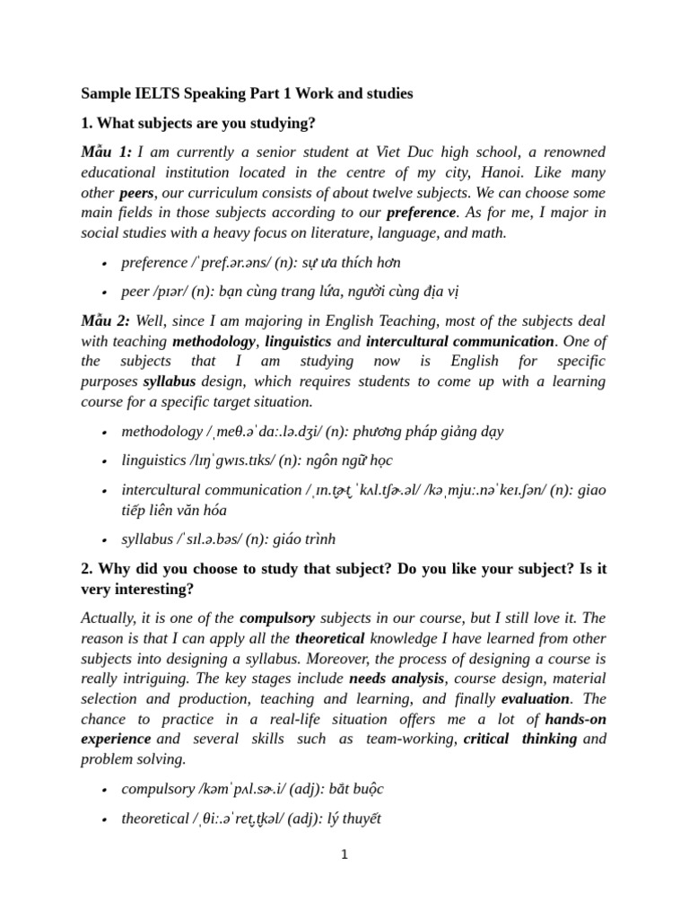 Sample IELTS Speaking Part 1 Work and Studies | PDF