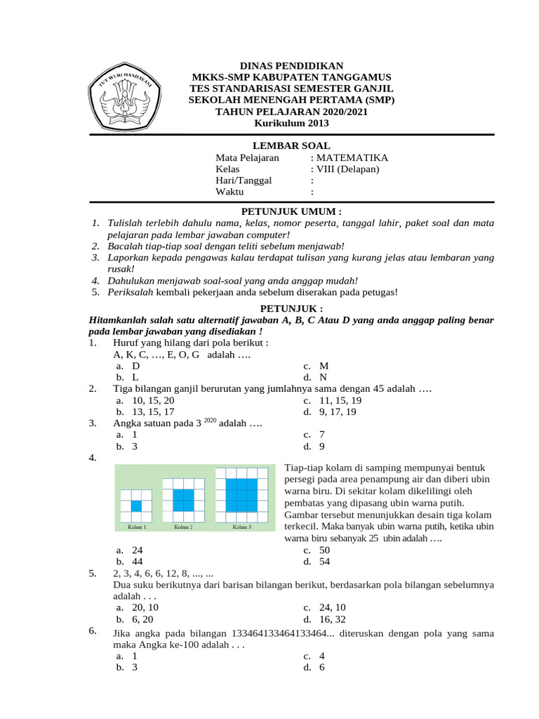 SOAL PAS MTK KLS 8 GANJIL 2020-2021 K13 | PDF