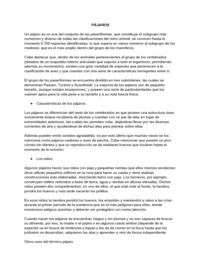Características y usos de los pájaros | PDF | Aves | Ornitología