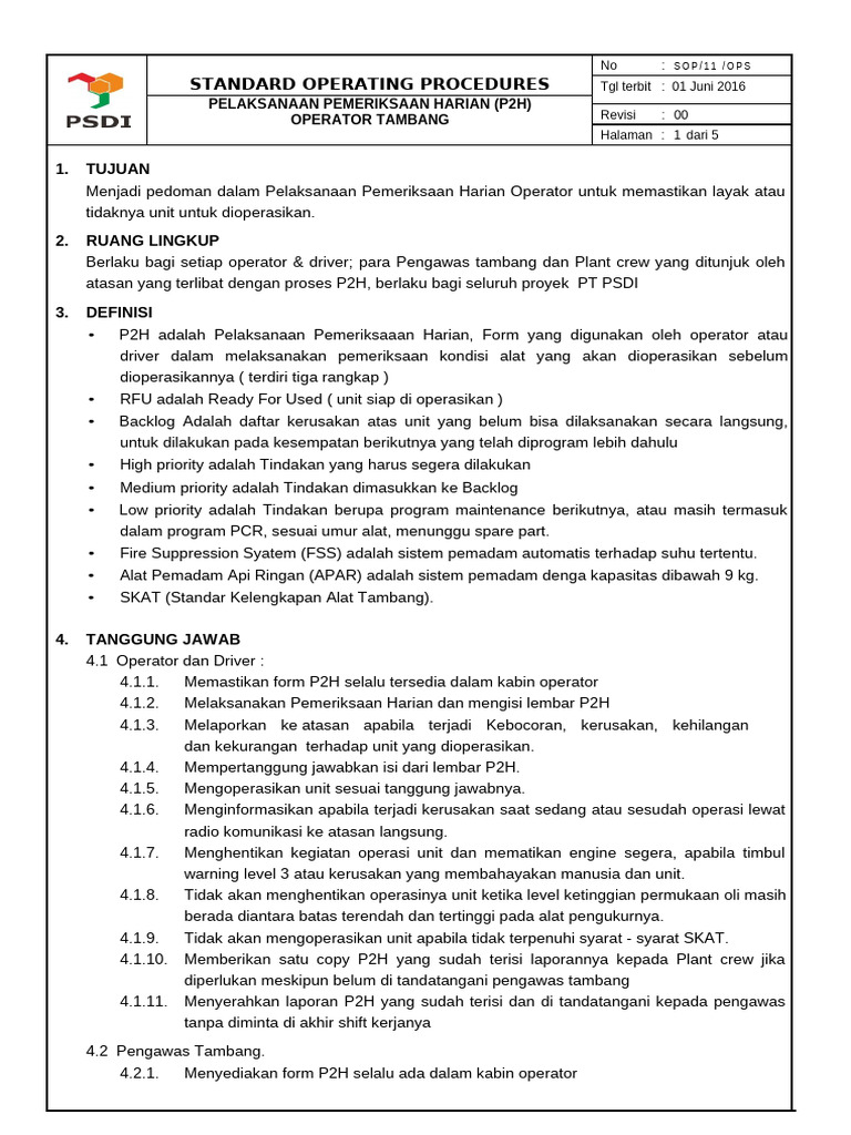 11. SOP P2H Operator Tambang | PDF