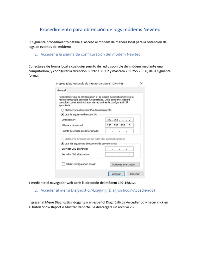 Procedimiento para Obtención de Logs Módems Newtec Solicitado Por Nuevatel | PDF