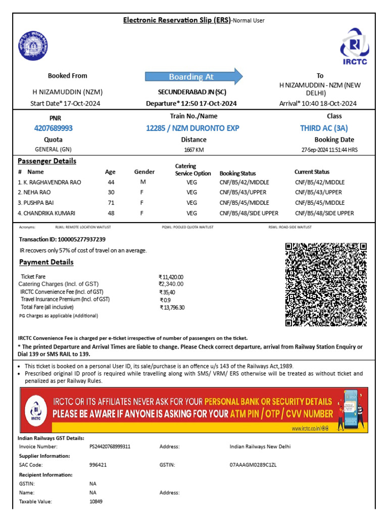 Sc to Nzm Nizamuddin to SECUNDERABAD | PDF | Identity Document | Payments