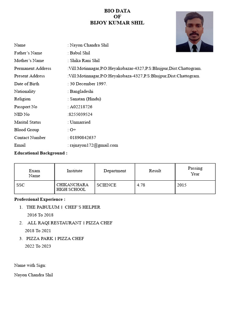 Bio Data of Bijoy Kumar Shill PDF | PDF