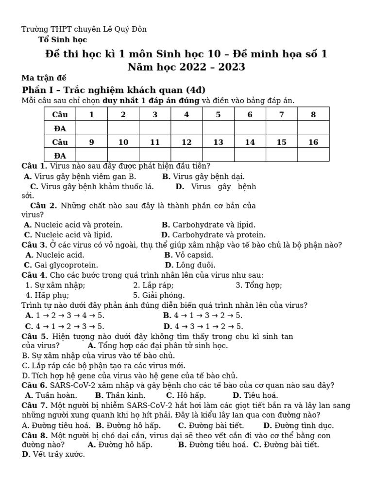 MH Thi HK2 Sinh 10 Đề 1 Đã Gộp | PDF