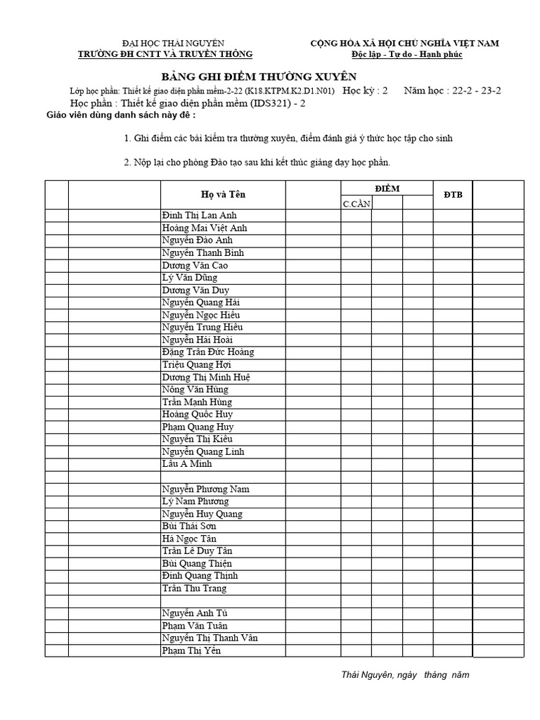 BangGhiDiemThuongXuyen K18 N01 v3 | PDF