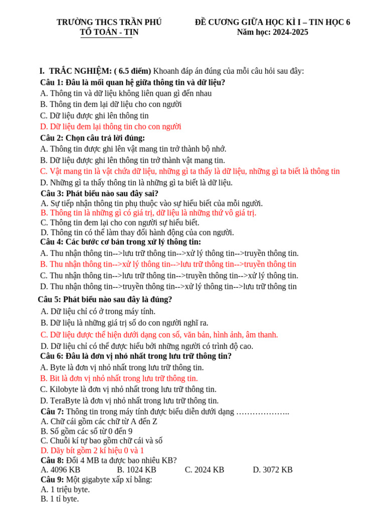 Đề cuong gk1 tin 6 24-25 | PDF