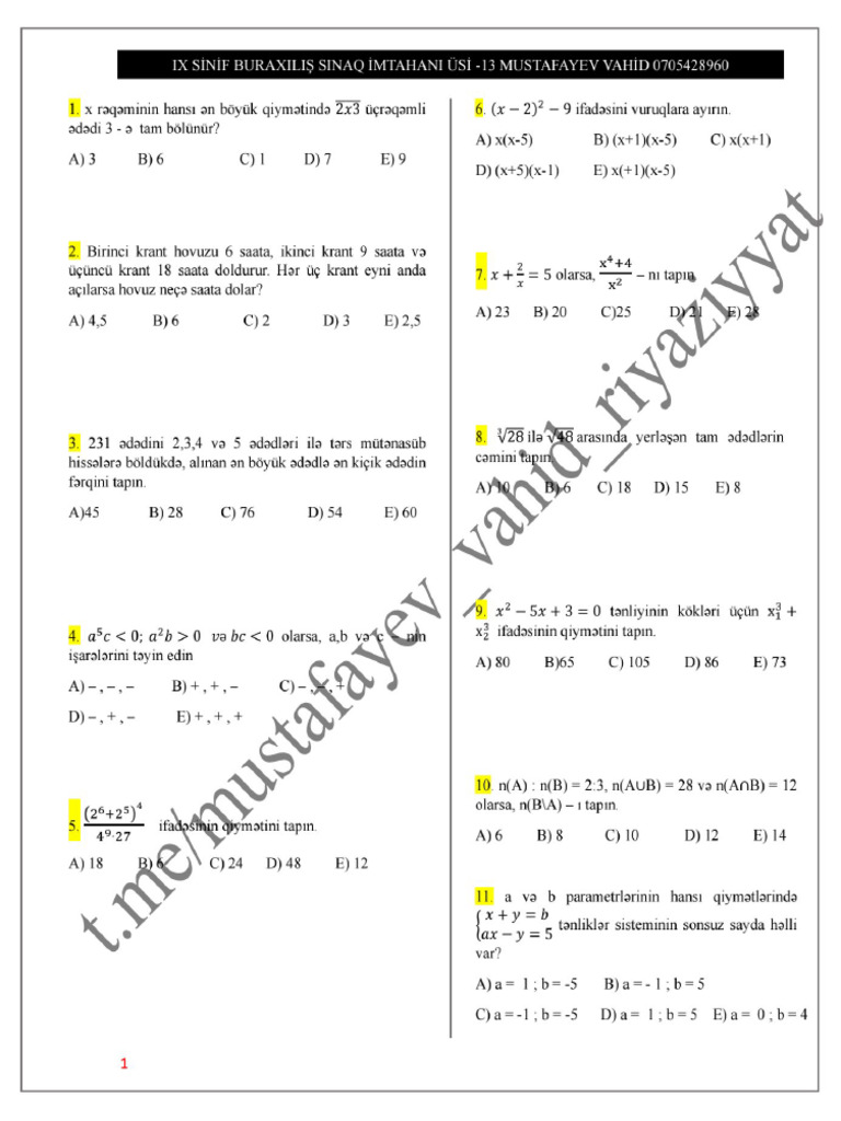IX Sinif Buraxılış Sınağı USİ-1.3 PDF | PDF