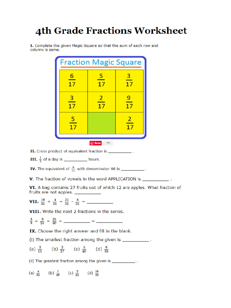 Class 4 Fractions Worksheet | PDF