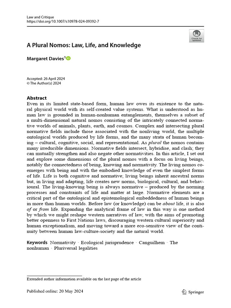 A Plural Nomos - Law, Life, and Knowledge Margaret Davies | PDF ...