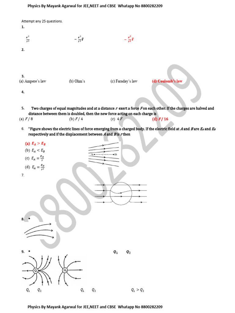 12 ch 1 MCQ Ans | PDF | Electric Field | Force