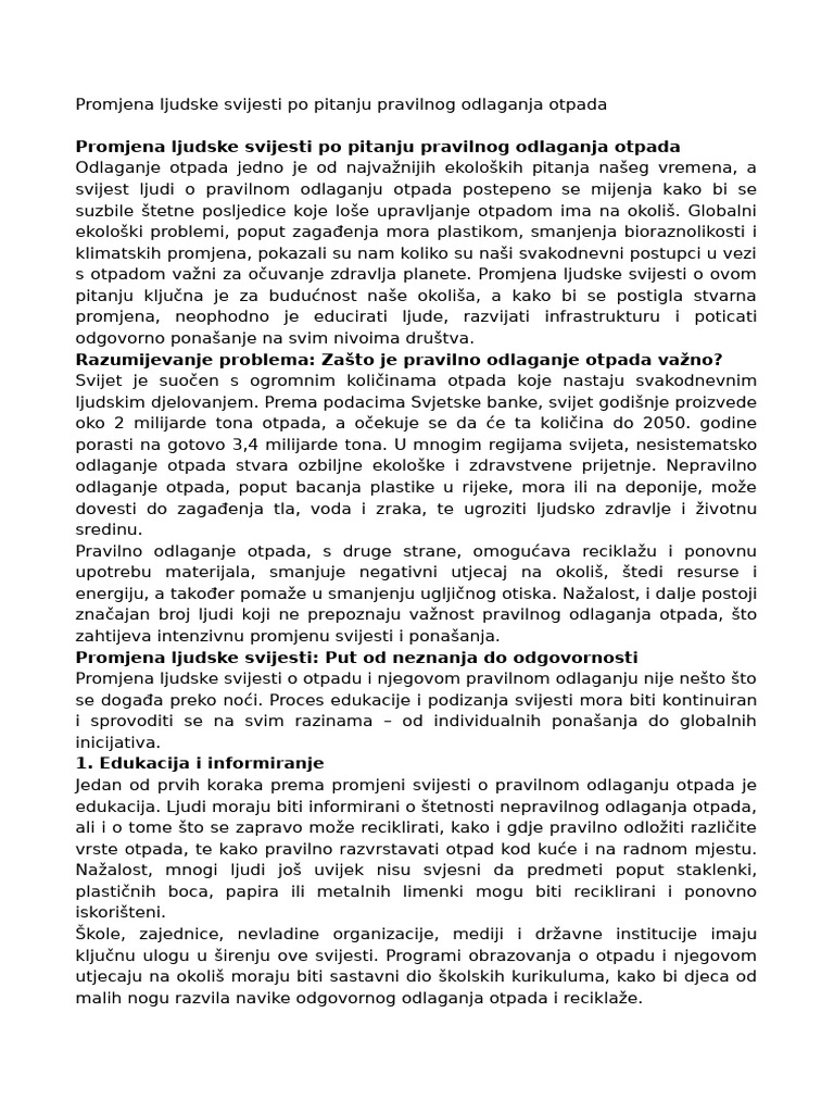 Promjena Ljudske Svijesti Po Pitanju Pravilnog Odlaganja Otpada | PDF