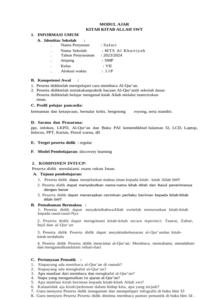 MODUL AJAR KITAB KITAB ALLAH 2022010146 | PDF