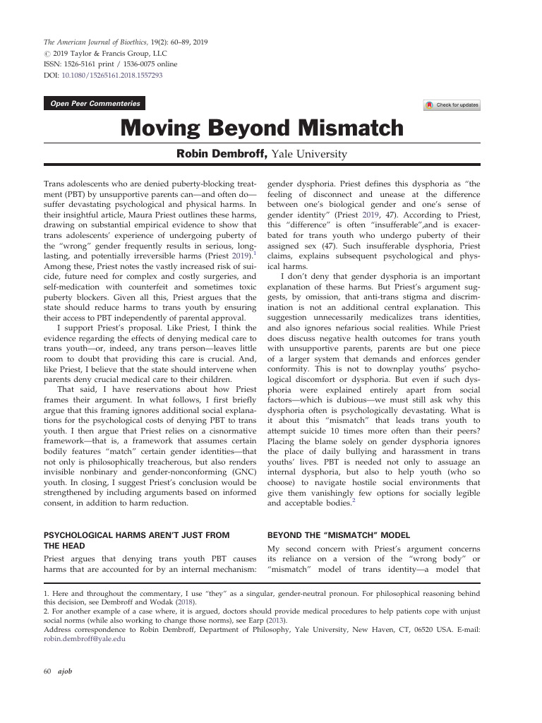 Dembroff - 2019 - Moving Beyond Mismatch | PDF | Transgender | LGBTQIA+ Studies