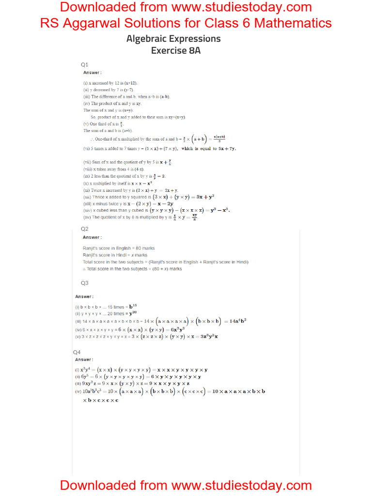 Class 6 Algebra Solutions RS Aggarwal | PDF