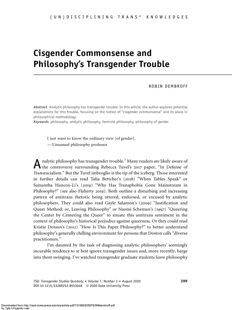 Dembroff - 2020 - Cisgender Commonsense and Philosophy's Transgender Trouble | PDF | LGBTQIA+ ...
