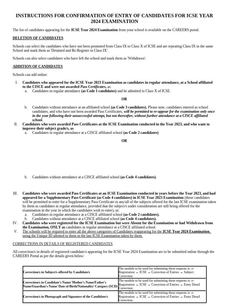 ICSE 2024 Candidate Entry Instructions | PDF