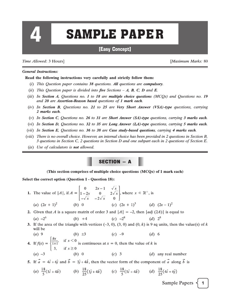 Cbse Cl12 Ead Mathematics Easy Paper 4 | PDF