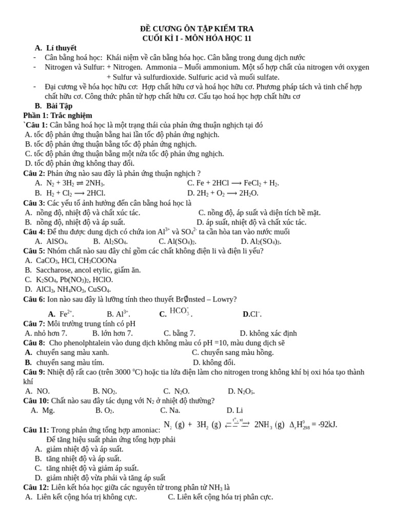 HÓA 11 CK1 ĐỀ CƯƠNG | PDF