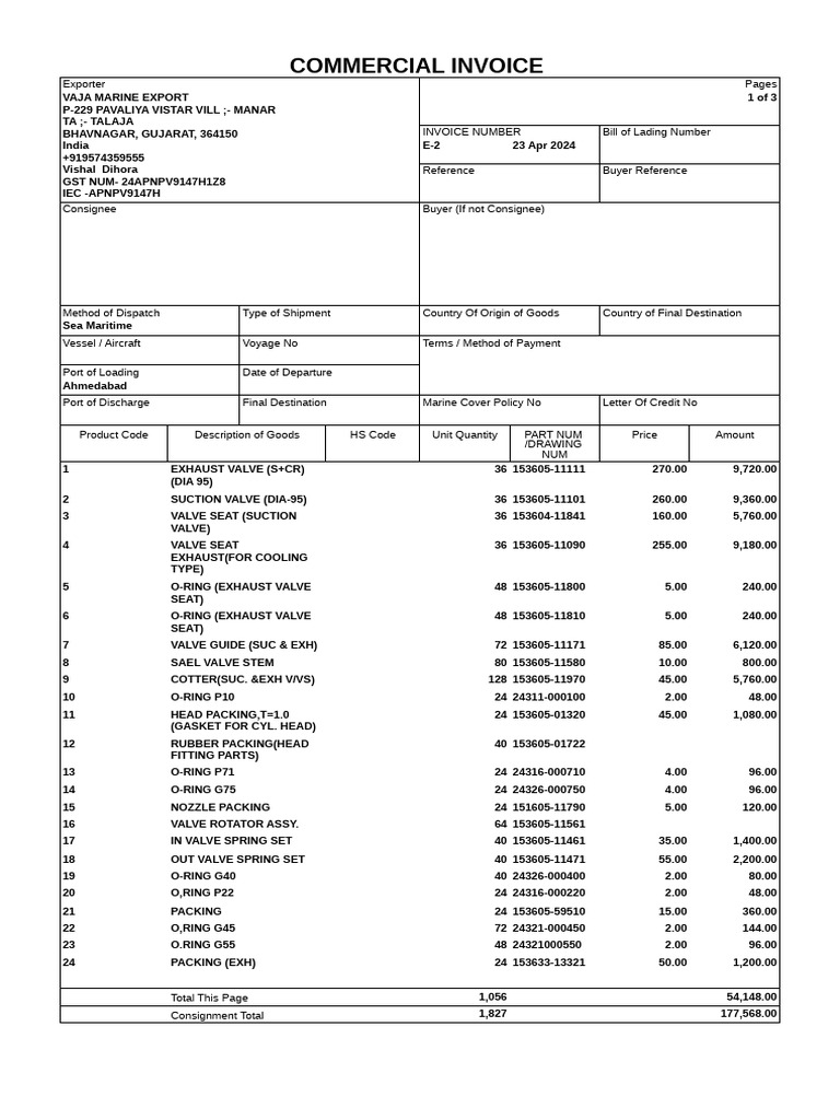 E 2 Commercial Invoice | PDF | Piston | Bearing (Mechanical)