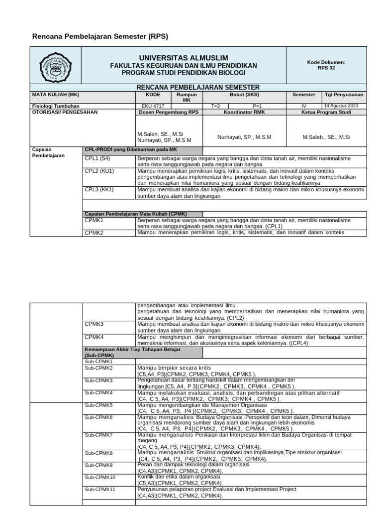 RPS Fisiologi Tumbuhan - MBKM | PDF