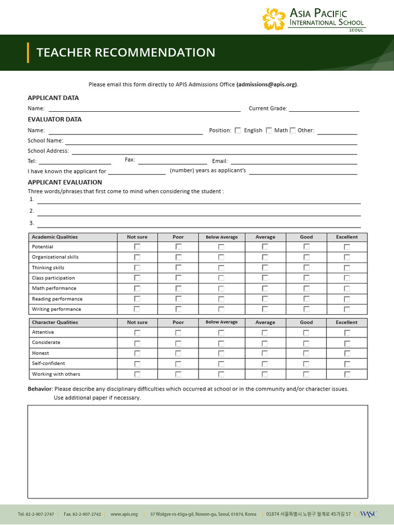 Student Teacher Recommendation Form | PDF | Teachers | Psychological Concepts