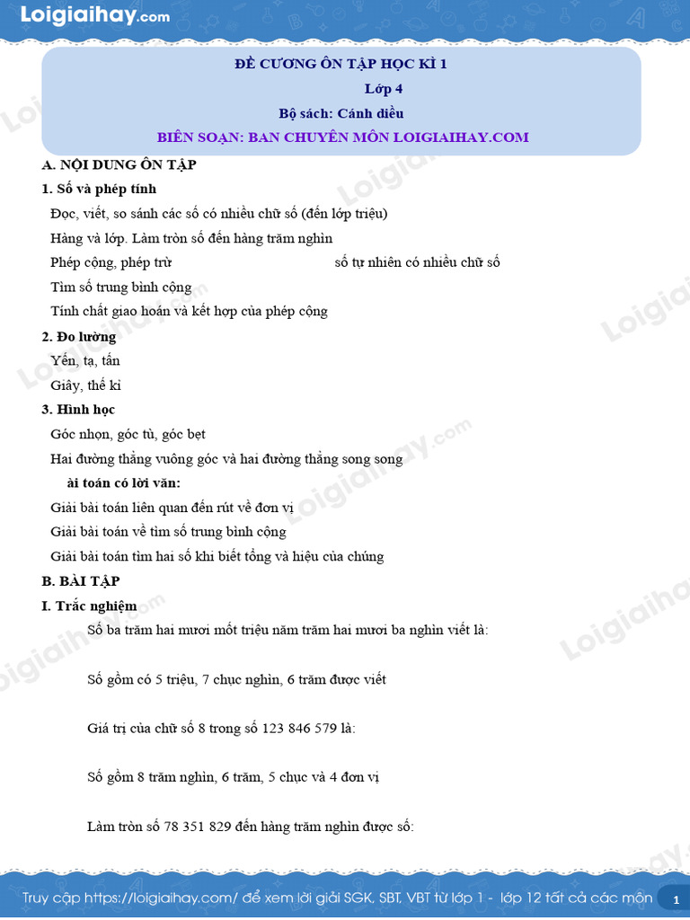 De Cuong on Tap Hk1 Toan 4 Canh Dieu Co Dap an 1702280816 | PDF