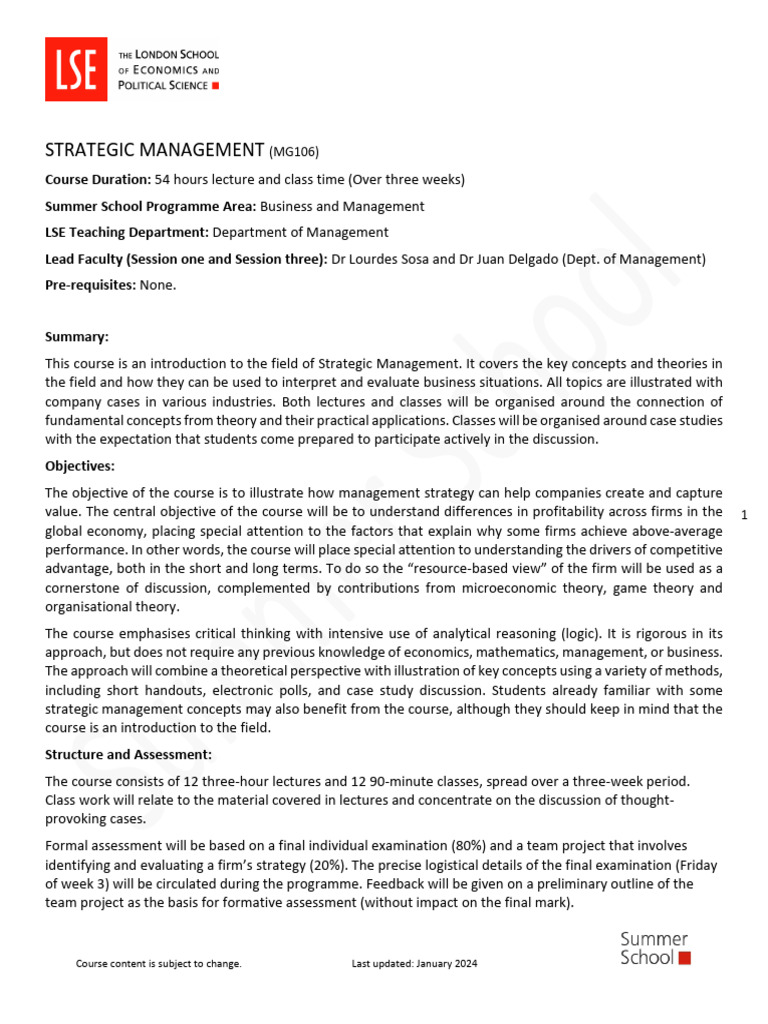 MG106 Course Outline 2024 | PDF | Lecture | Strategic Management