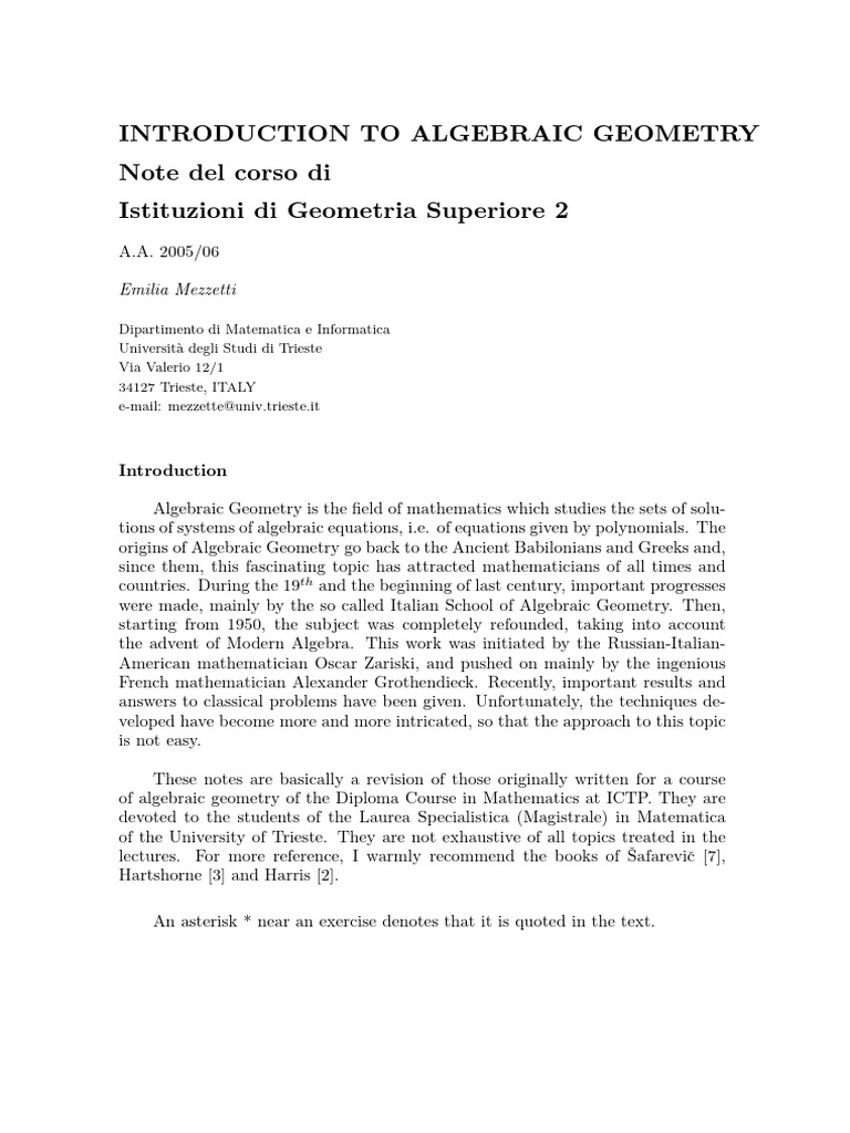 Introduction To Algebraic Geometry Note Del Corso Di Istituzioni Di Geometria Superiore 2 | PDF ...