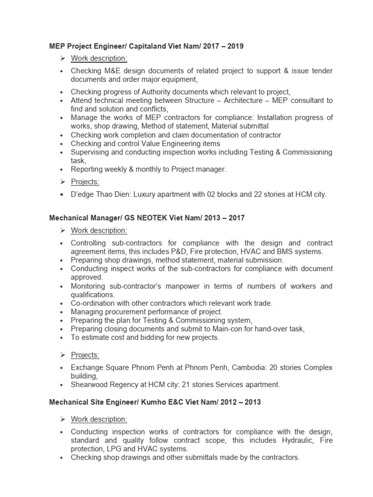 MEP Project Engineer/ Capitaland Viet Nam/ 2017 - 2019 | PDF