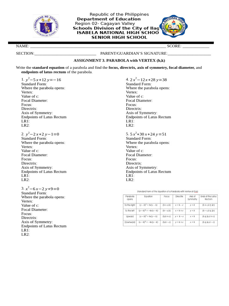 Assignment 3. Parts of Parabola With VHK | PDF | Geometric Shapes | Algebraic Geometry