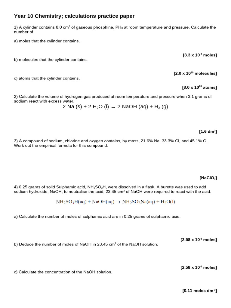 Year 10 Chemistry Calculations Practice Paper | PDF | Sodium Hydroxide ...