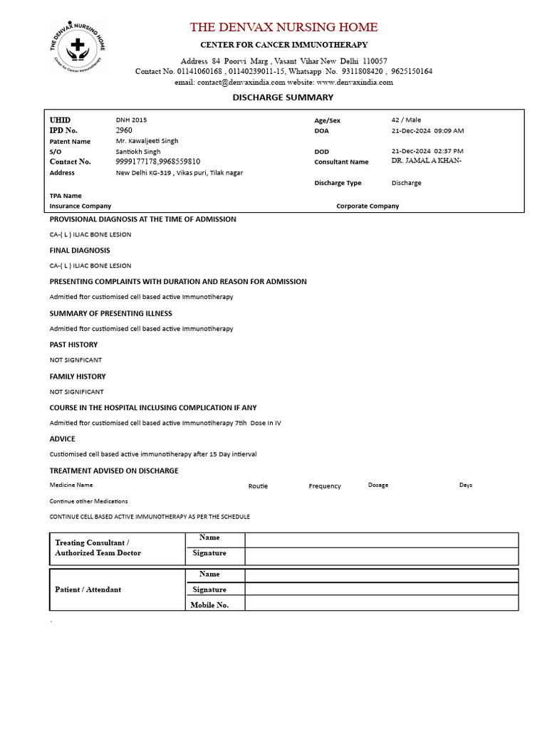 Pt Kawaljeet Singh Discharge Summary - 21 Dec 2024 | PDF Pt Kawaljeet Singh Discharge Summary - 21 Dec 2024 | PDF