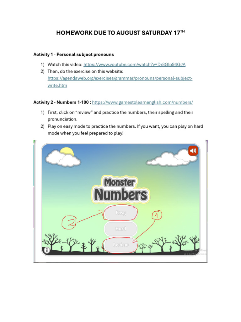 Homework Due August 17: Pronouns & Numbers | PDF
