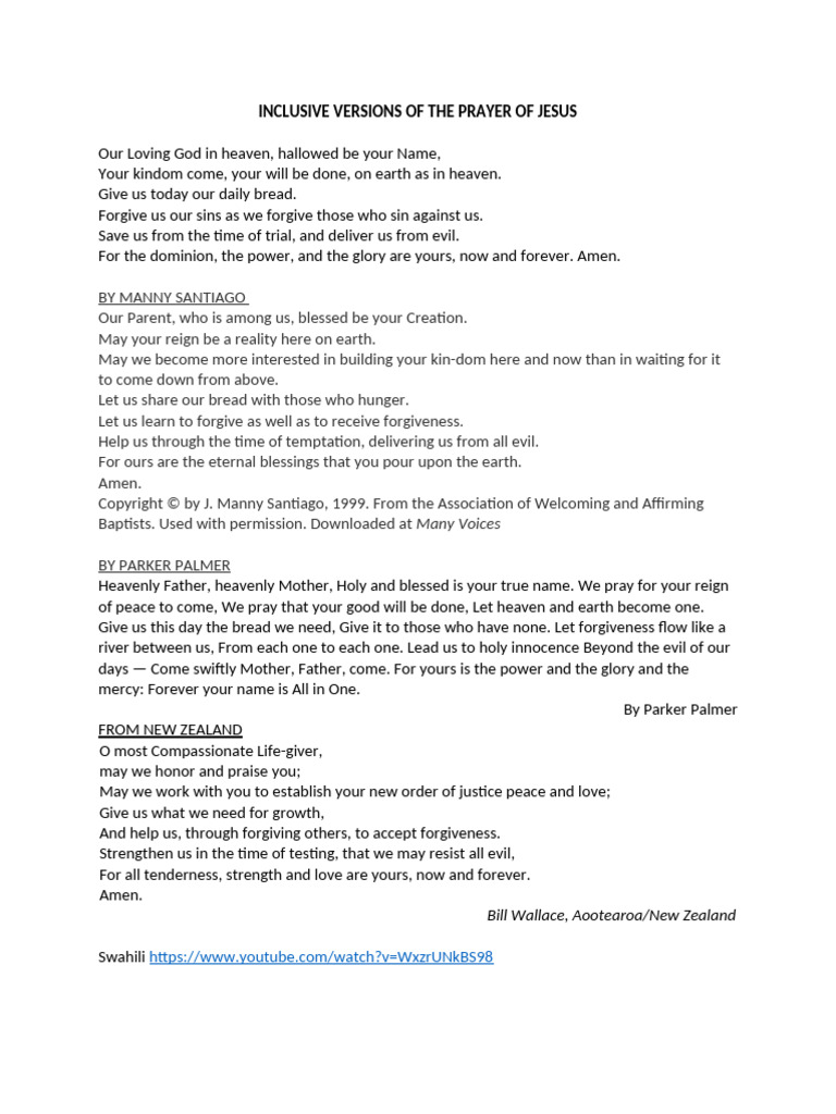 Inclusive Versions of the Lord's Prayer | PDF | Lord's Prayer | Glory ...