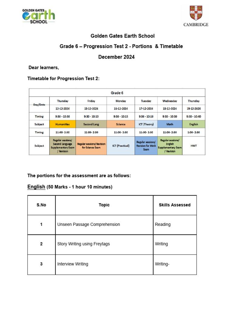 Gr6_Portions and Timetable_Progression 2 | PDF