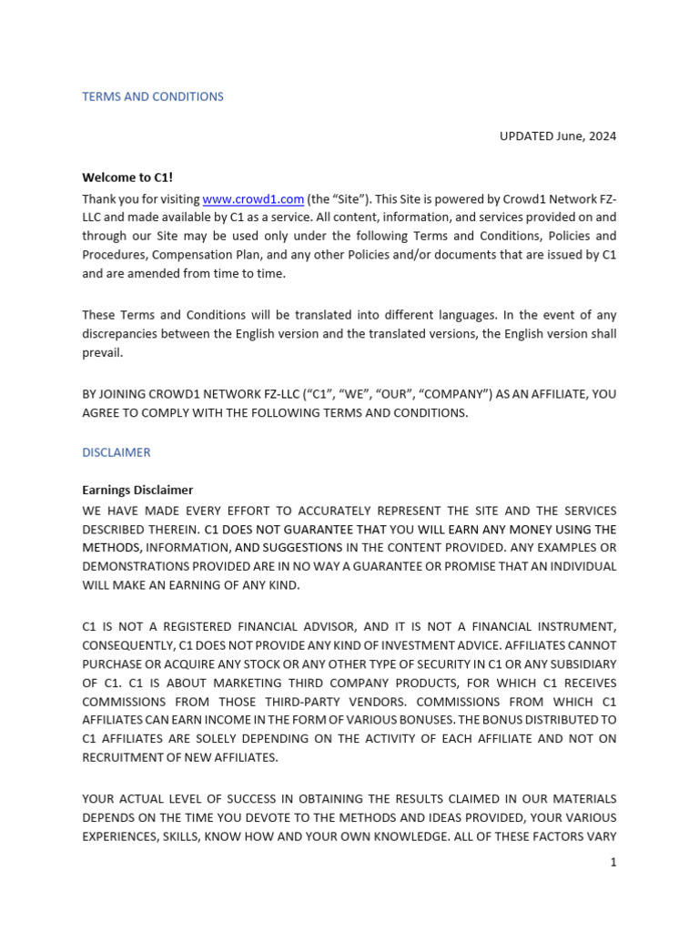 Crowd1-Terms_Conditions-JUN2024-v1 | PDF | Taxes | Employment