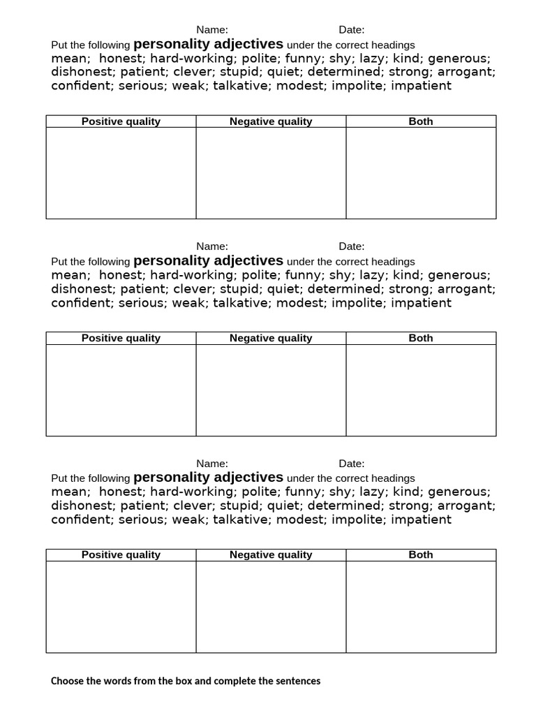 Personality Adjectives Worksheet | PDF