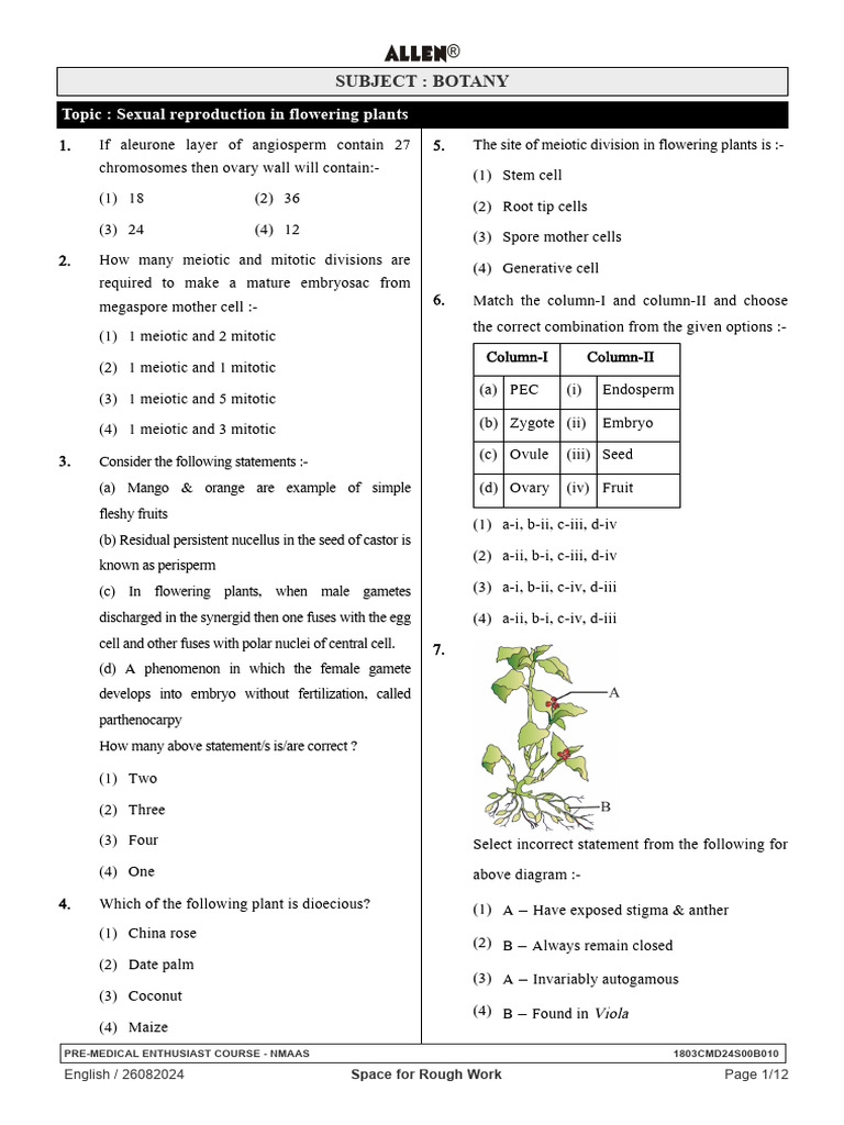 Botany: Angiosperm Reproduction Quiz | PDF | Flowers | Seed