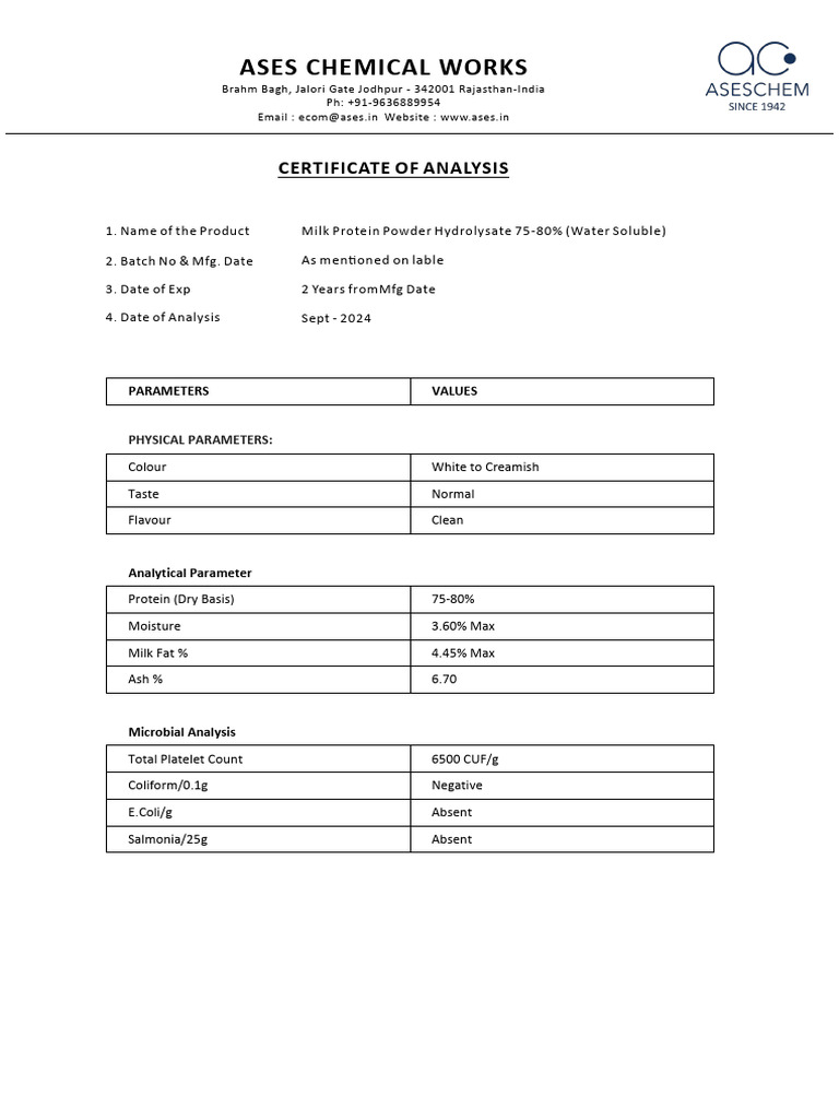 Milk Protein Powder COA Summary | PDF