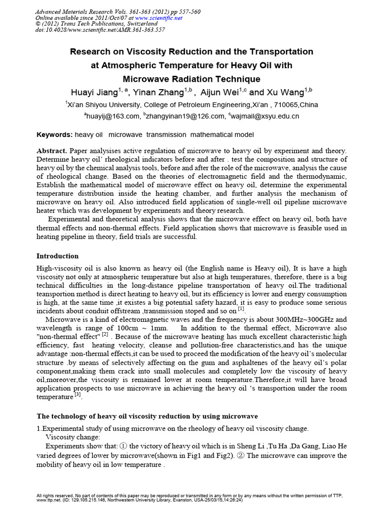 Huayi Jiang, Yinan Zhang, Aijun Wei and Xu Wang | PDF | Viscosity | Electromagnetic Radiation