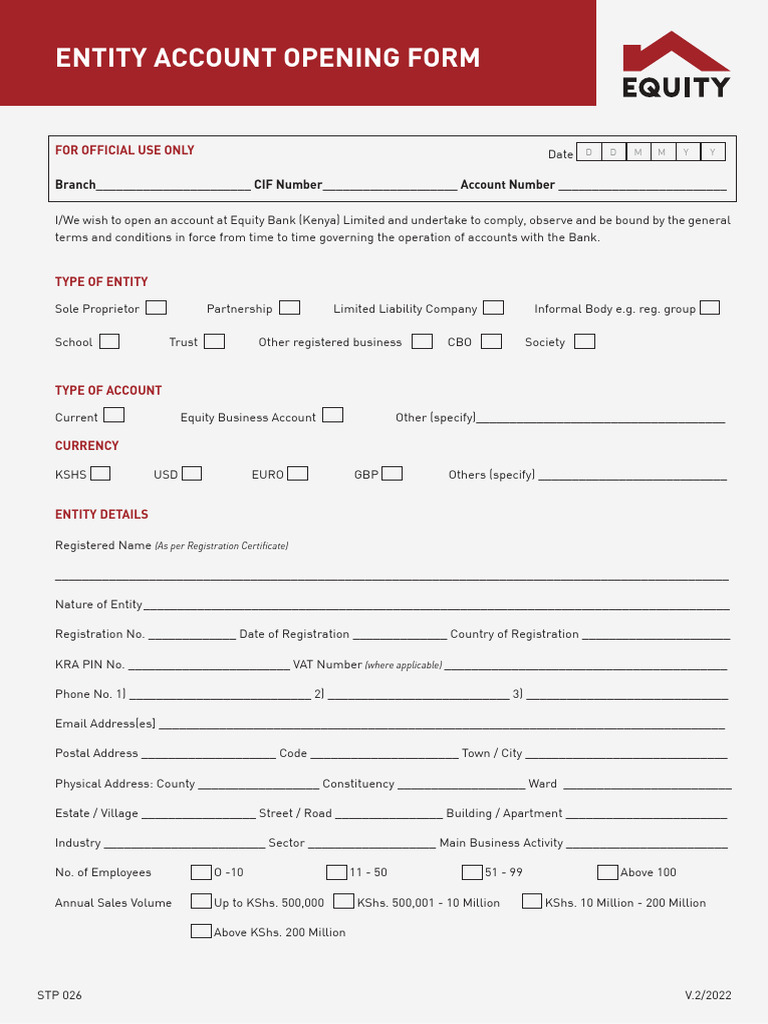 Equity Bank Kenya Entity Account Form | PDF | Banks | Cheque