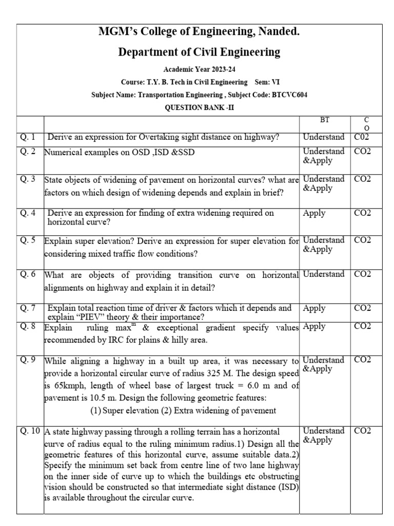 Question Bank 2 | PDF | Road | Lane