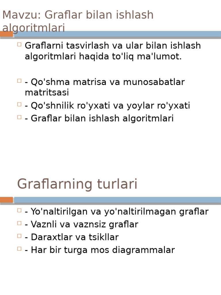 Graflar Bilan Ishlash Algoritmlari. | PDF