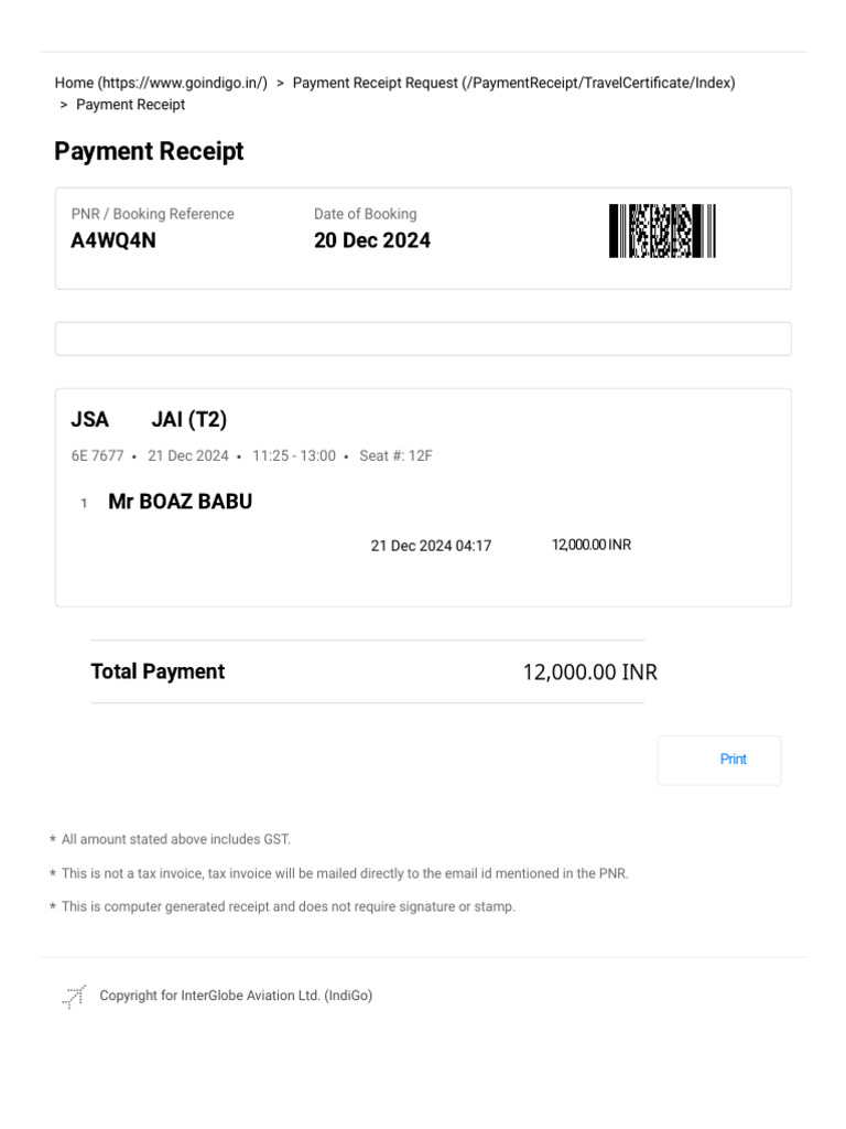 Indigo Payment Receipt | PDF