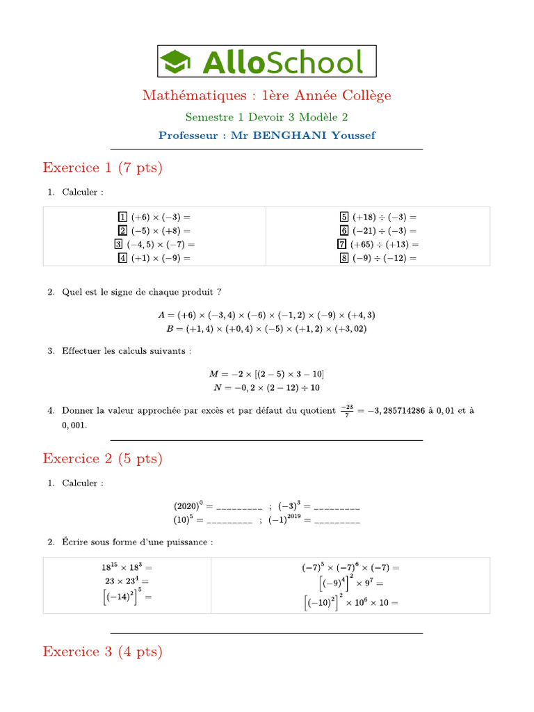 Math 1ac Semestre 1 Devoir 3 Modele 2 1 | PDF