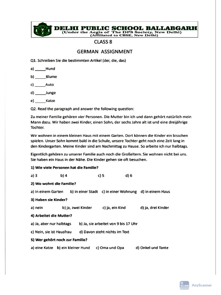 Class 8 German Assignment | PDF