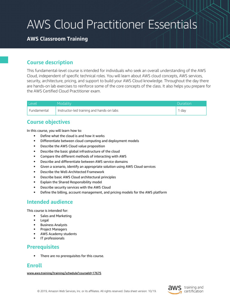 DataSheet AWS Cloud Practitioner Essentials 10191 | PDF | Cloud Computing | Amazon Web Services