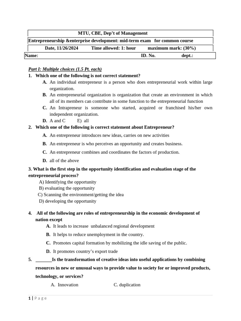 mid exam | PDF | Entrepreneurship | Business
